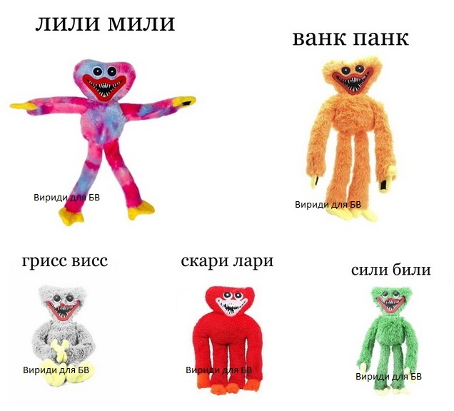 Какие имена у всех Хагги Вагги разных цветов?